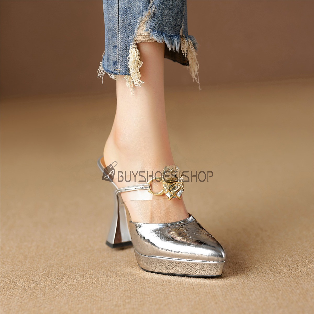 Online Sparkly Chunky Heel Mules Leather Block Heel Evening Party Shoes ...