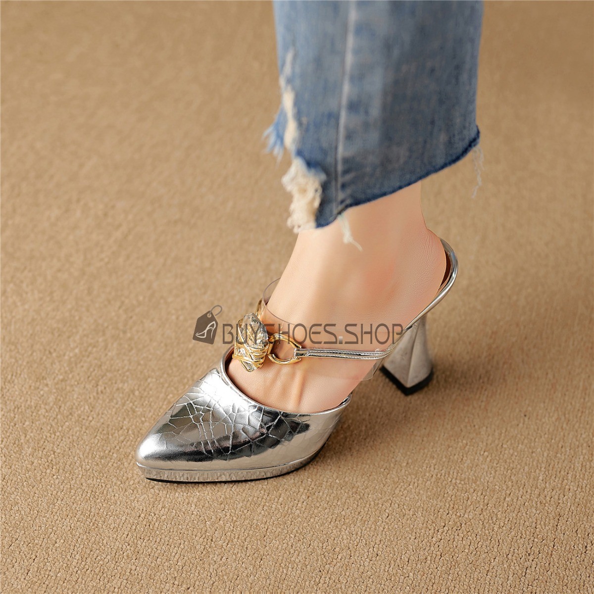 Online Sparkly Chunky Heel Mules Leather Block Heel Evening Party Shoes ...