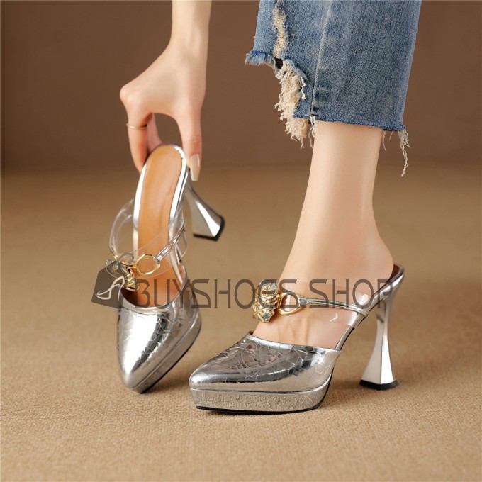 Online Sparkly Chunky Heel Mules Leather Block Heel Evening Party Shoes ...